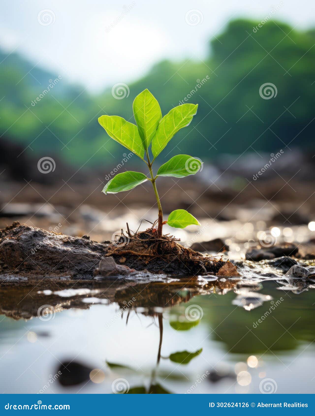 A Young Plant Sprouting from the Ground in a Puddle of Water Stock ...