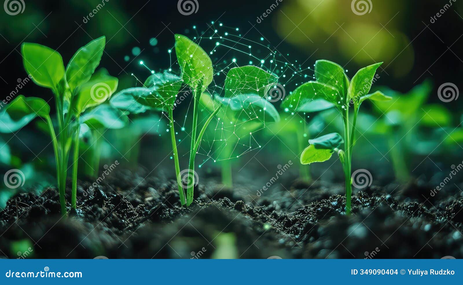 Young Plants Growing in Soil with Digital Network Connections ...