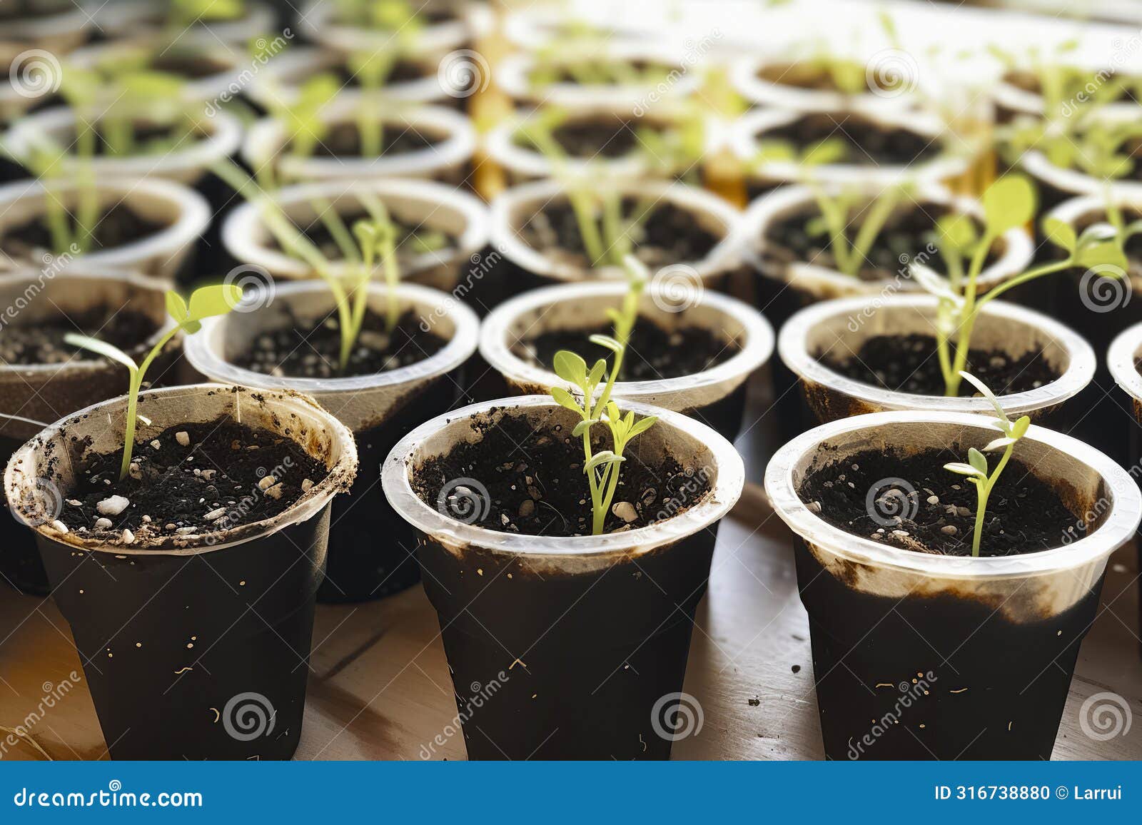 Young Plants in Pots, Showcasing Early Growth Stages, Arranged in Rows on a Surface, Capturing ...