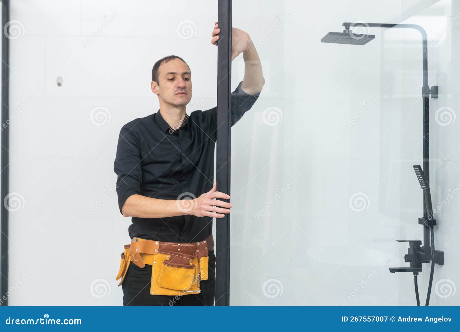 Young Plumber Fixing Shower Cabin. Stock Image - Image of instrument ...