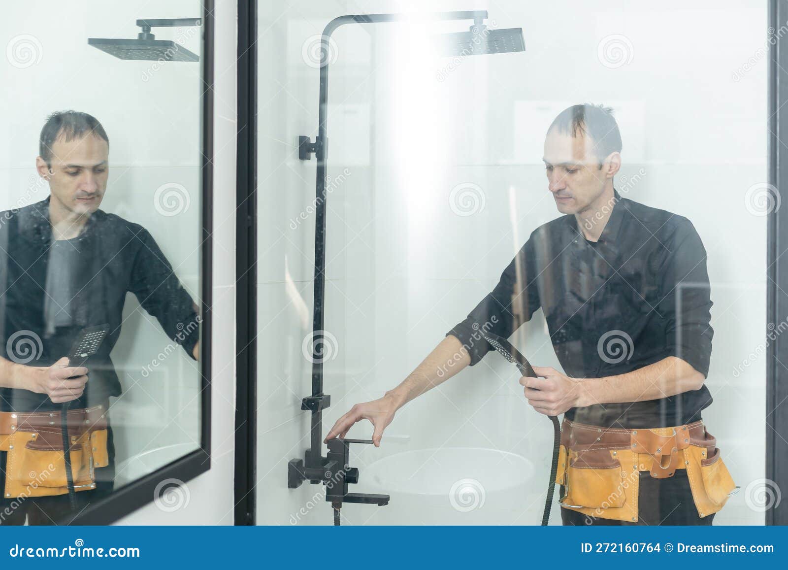Young Plumber Fixing Shower Cabin. Stock Photo - Image of person, house ...