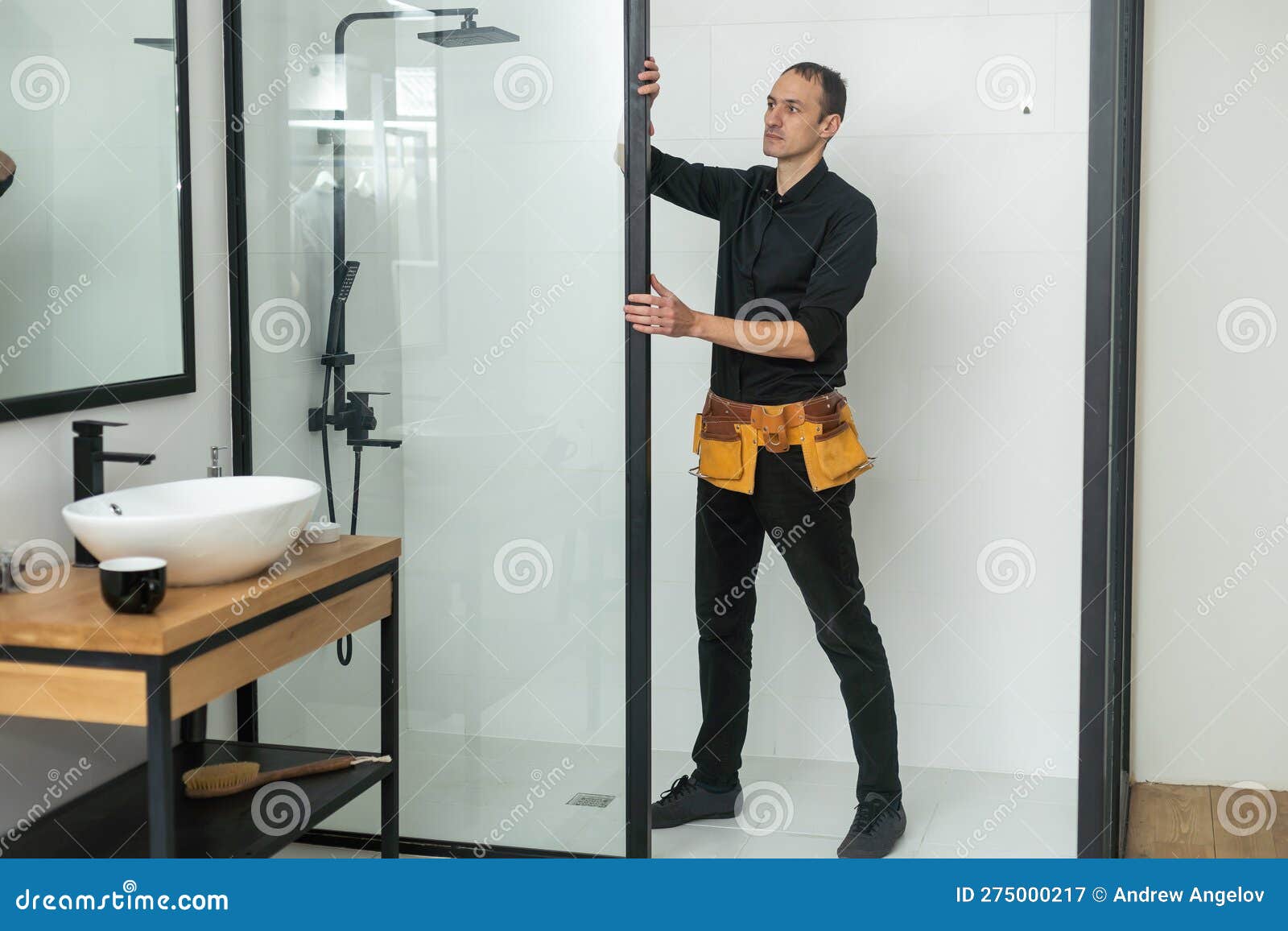 Young Plumber Fixing Shower Cabin. Stock Image - Image of renewal ...