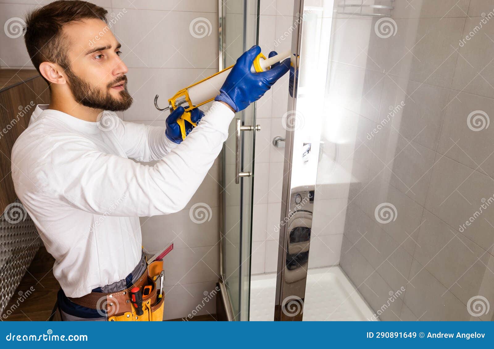 Young Plumber Fixing Shower Cabin. Stock Image - Image of repair ...