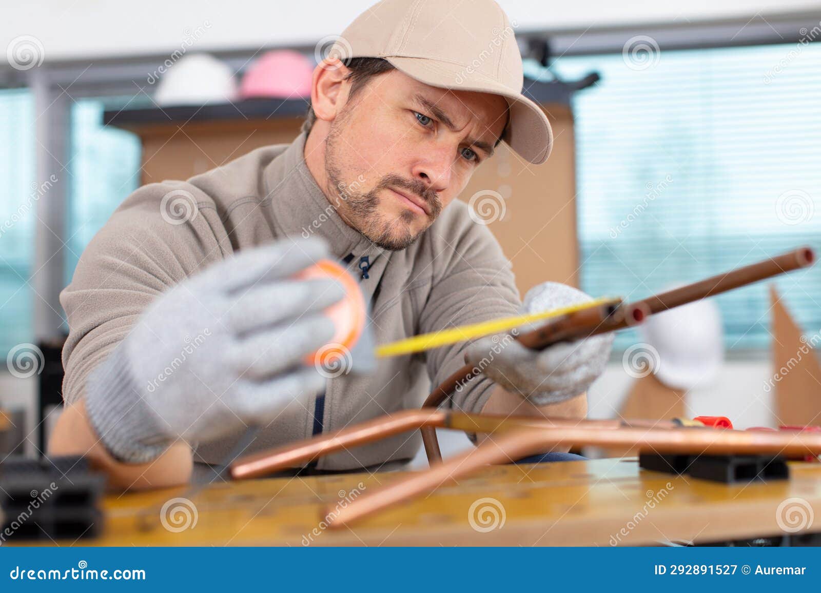 Young Plumber Measuring Copper Pipe Stock Image - Image of welding ...