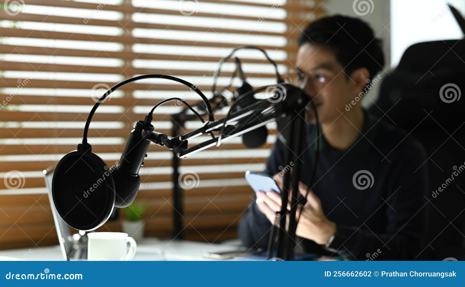 Young Podcaster Using a Microphone and Laptop Computer Recording Audio ...