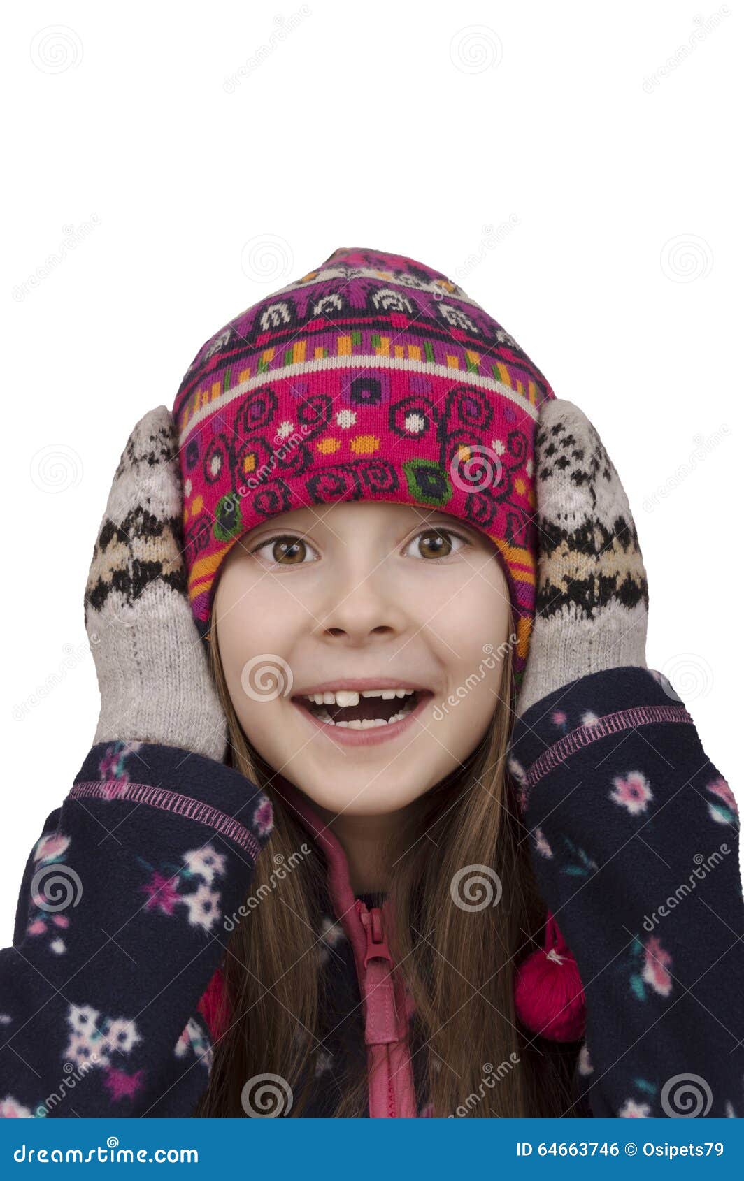 Young Posing Girl in Winter Hat and Mittens Stock Photo - Image of ...