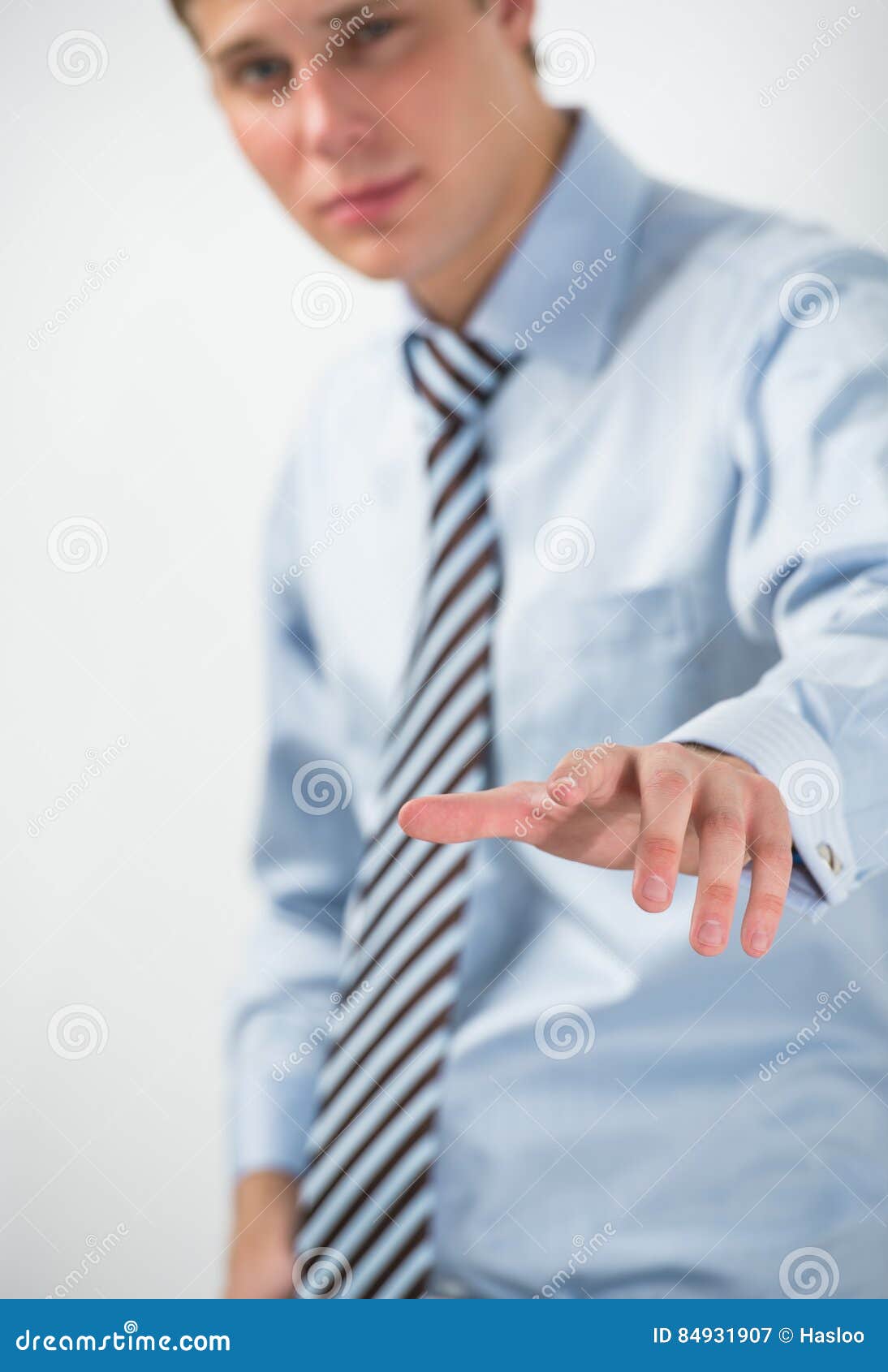 Young Positive Business Man Touching Virtual Button. Editable Image ...