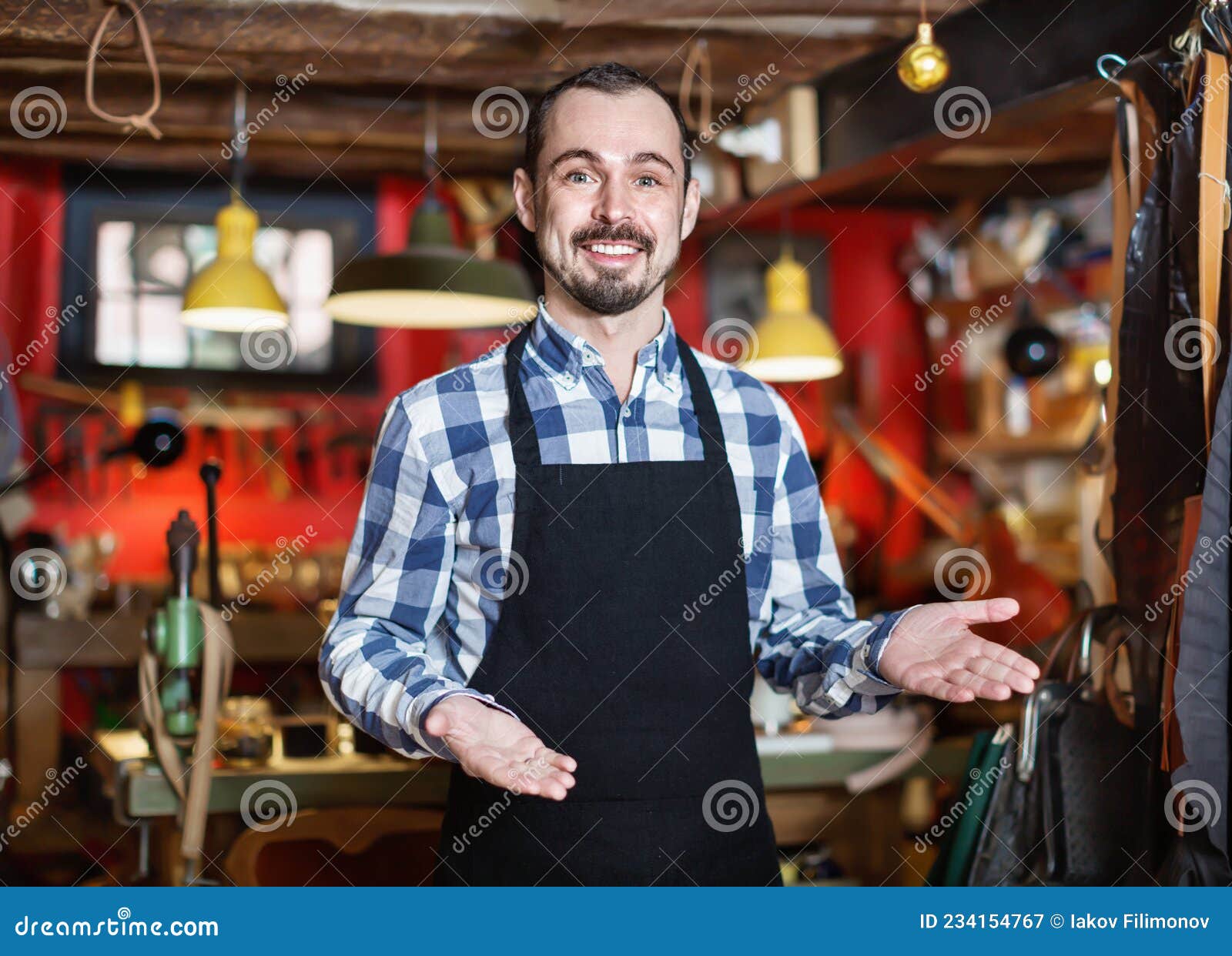 Male Worker Demonstrating Workplace and Tools in Leather Stock Image ...