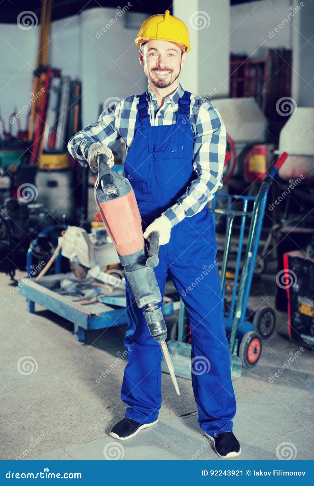 Young Positive Man Worker Practicing Jackhammer Stock Image - Image of ...