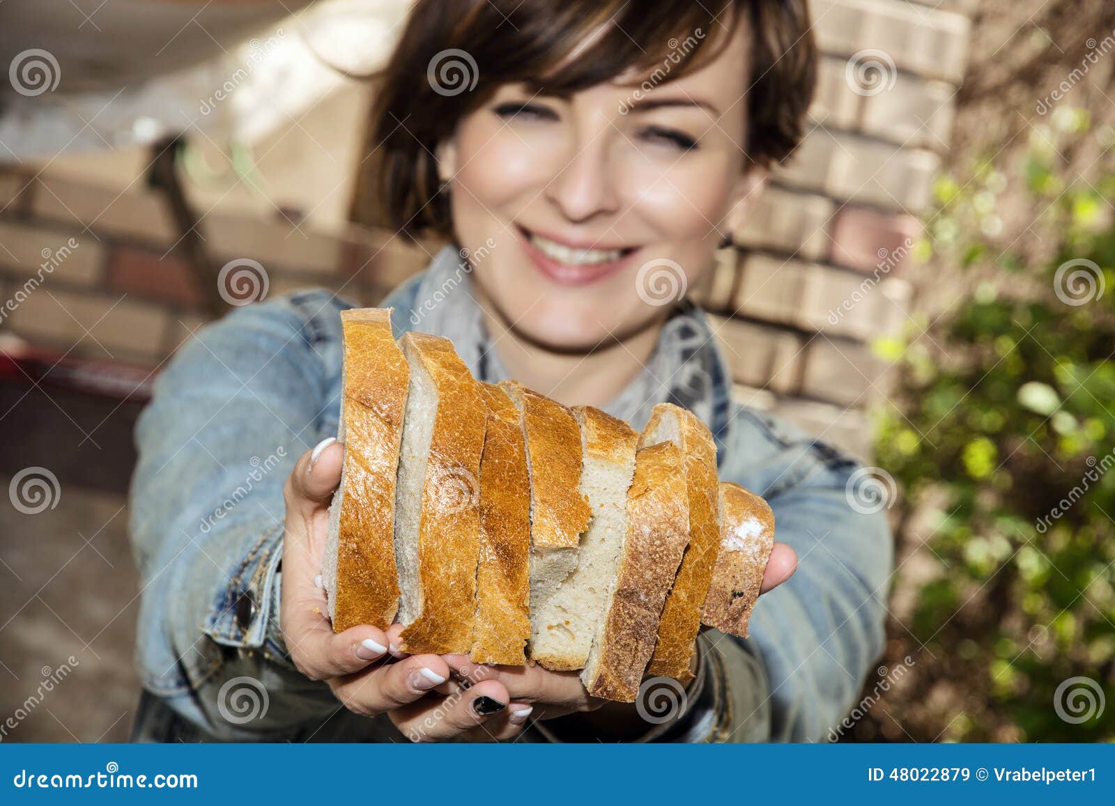 Young Positive Woman with Fresh Sliced Bread Stock Image - Image of ...