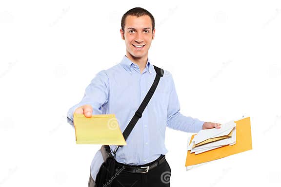 A Young Postman Delivering Mail Stock Photo - Image of holding ...