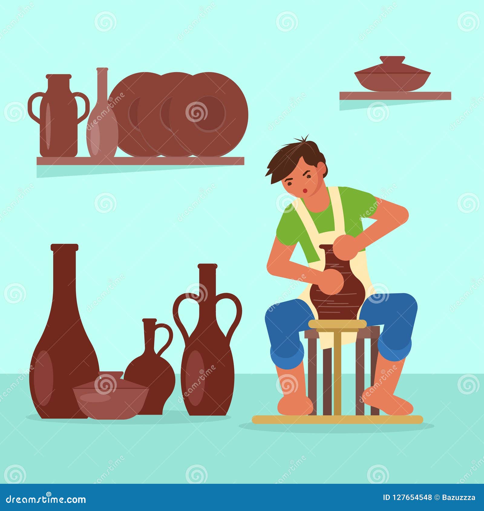 Potter Making, Creates Pottery Product. Ceramist Shaping, Carving Clay ...