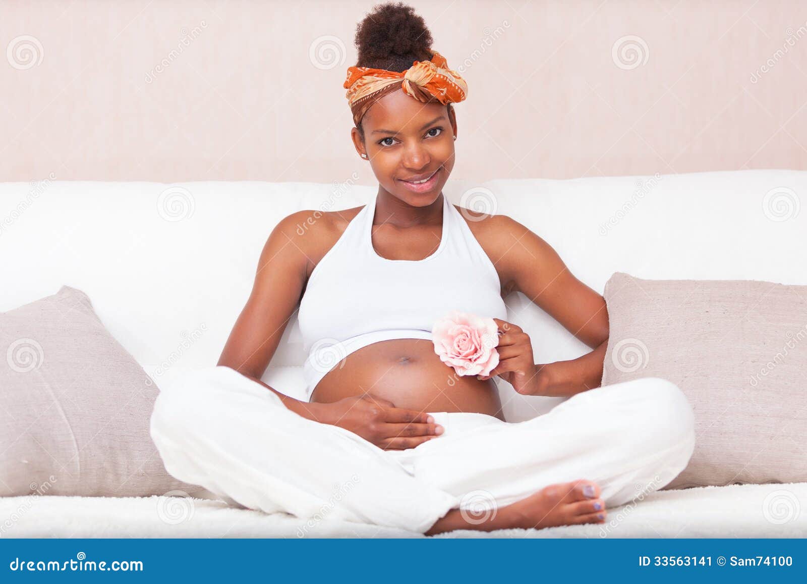Young Pregnant Black Woman Touching Her Belly African People Stock