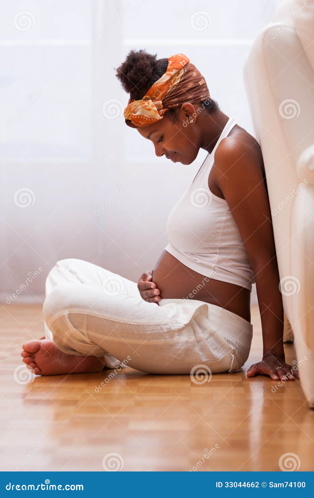 Young Pregnant Black Woman Touching Her Belly African People Stock