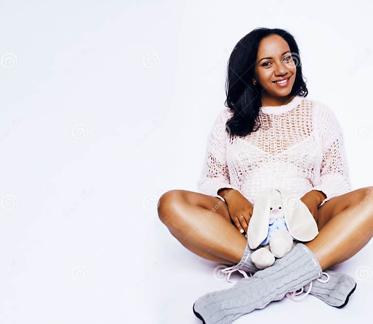 Young Pretty African American Woman Pregnant Happy Smiling Posi Stock