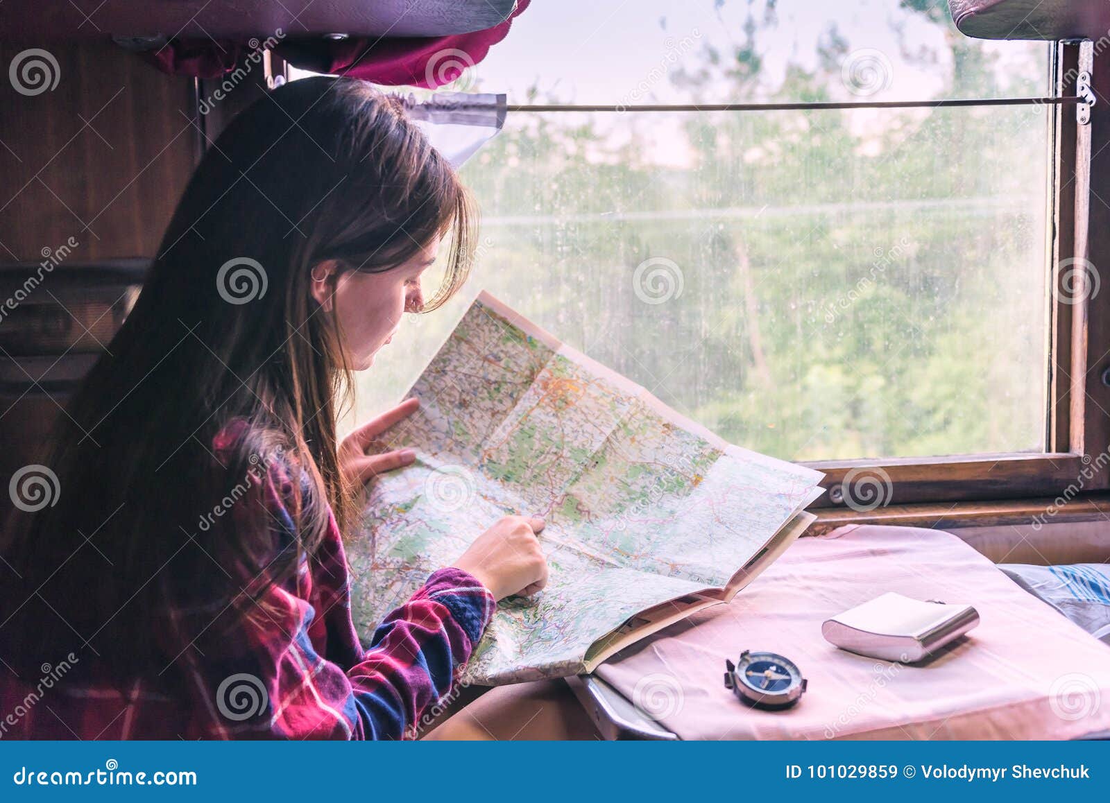 Girl with a Compass and a Map Stock Image - Image of country, look ...