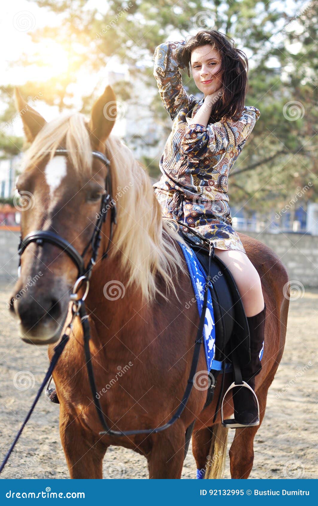 Young Pretty Brunette Riding Horse Outdoor Stock Image - Image of ...