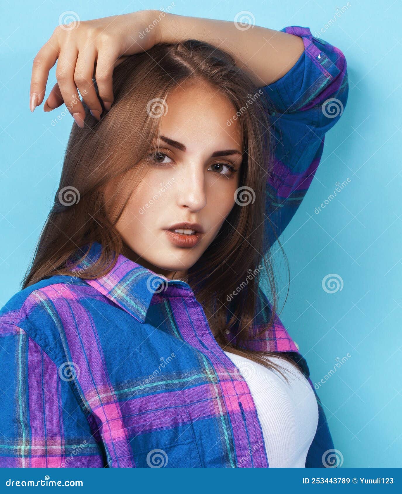 Young Pretty Girl Posing Happy Smiling On Blue Background Lifestyle