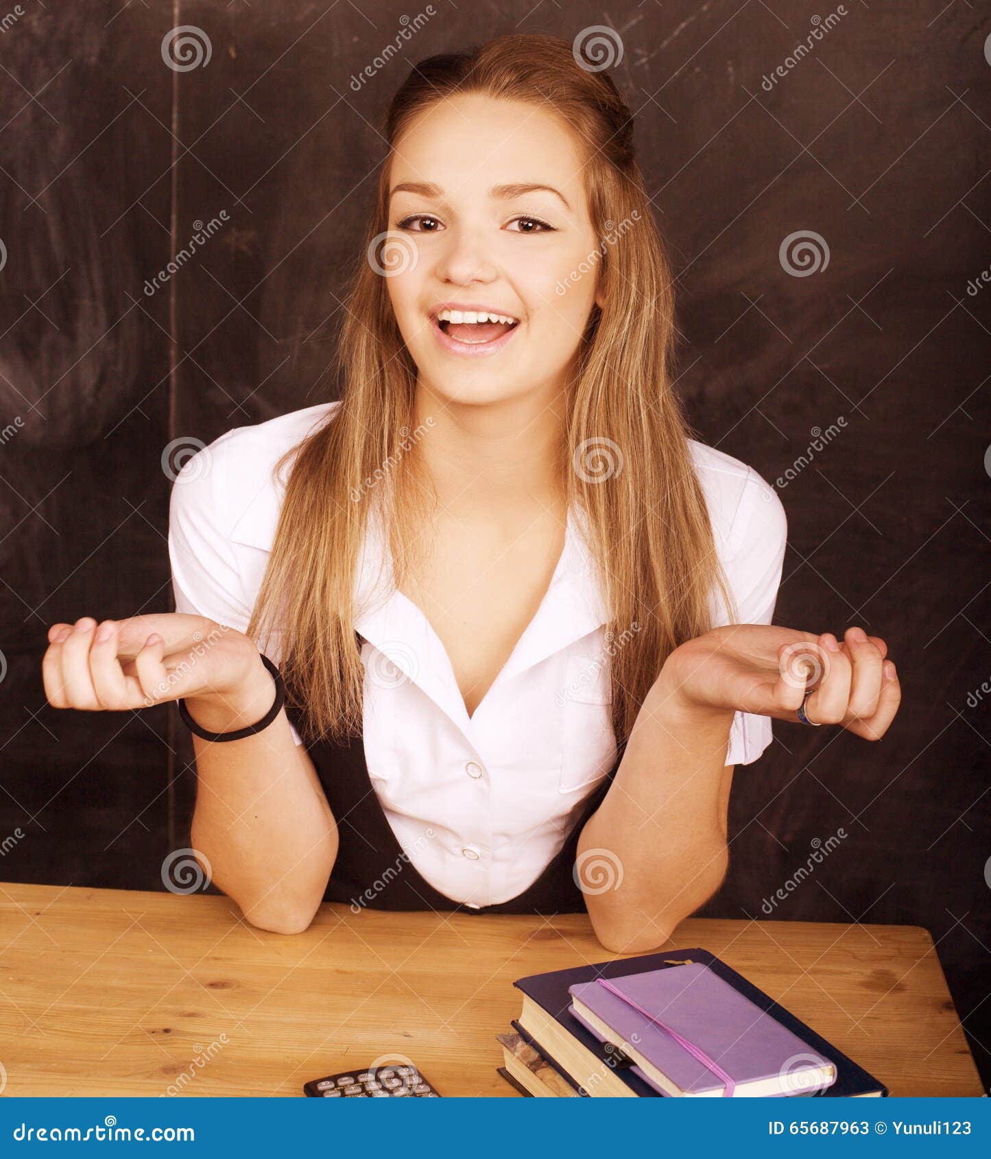Young Pretty Girl Student in Classroom at Blackboard Stock Image ...