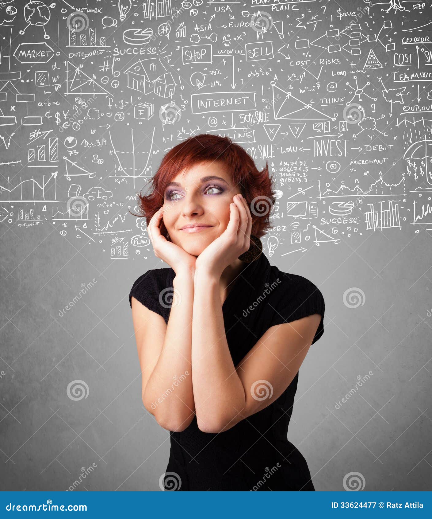Young Pretty Lady with Hand Drawn Calculations and Icons Stock Image ...