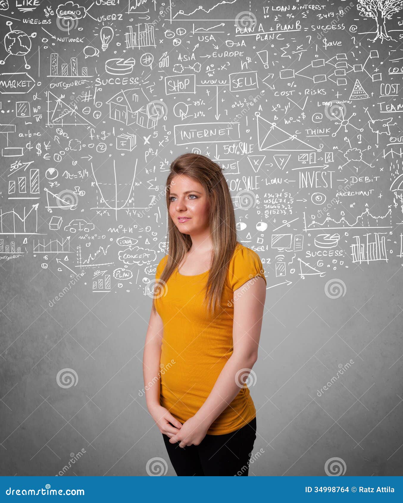 Young Pretty Lady with Hand Drawn Calculations and Icons Stock Photo ...