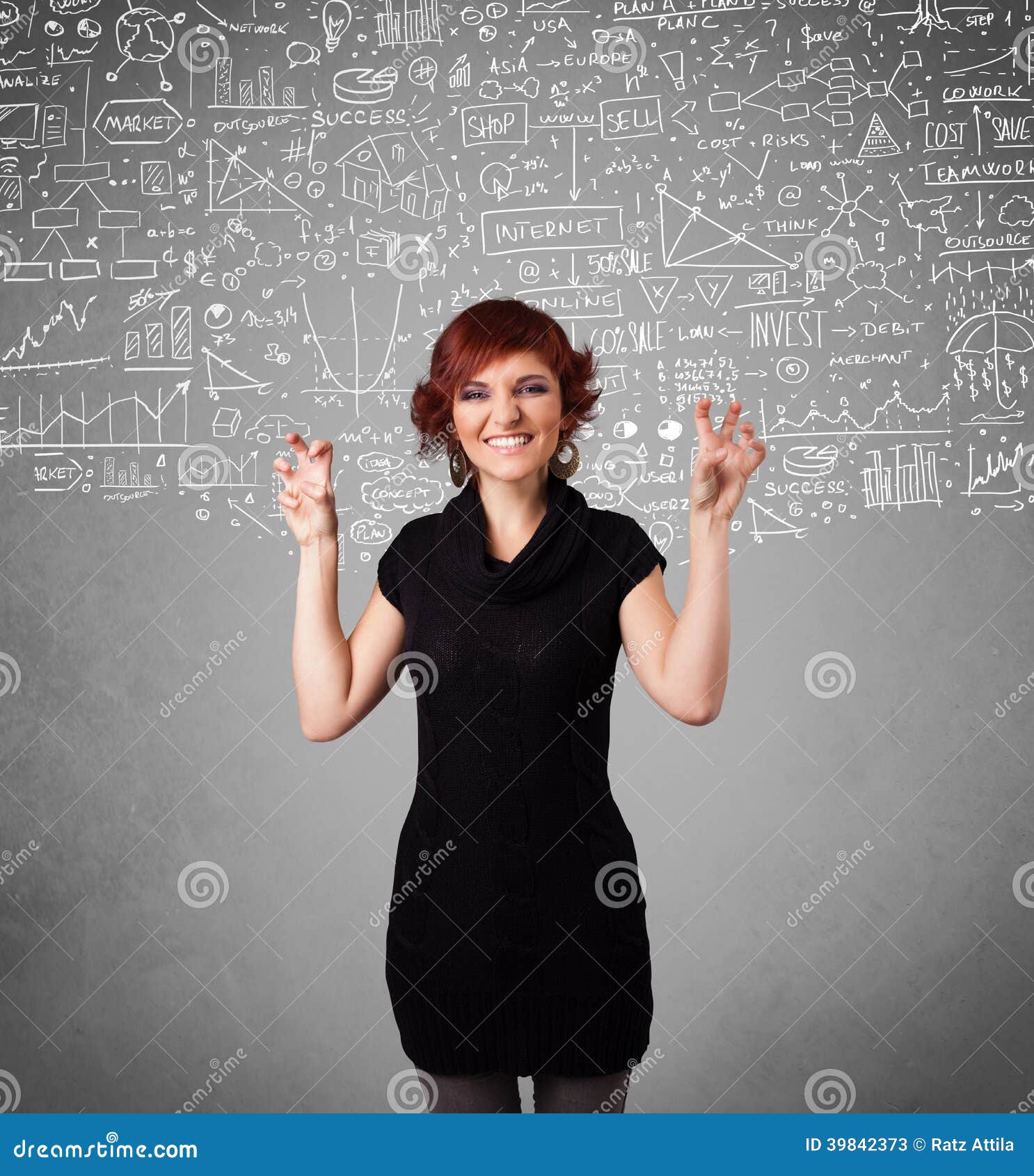 Young Pretty Lady with Hand Drawn Calculations and Icons Stock Image ...