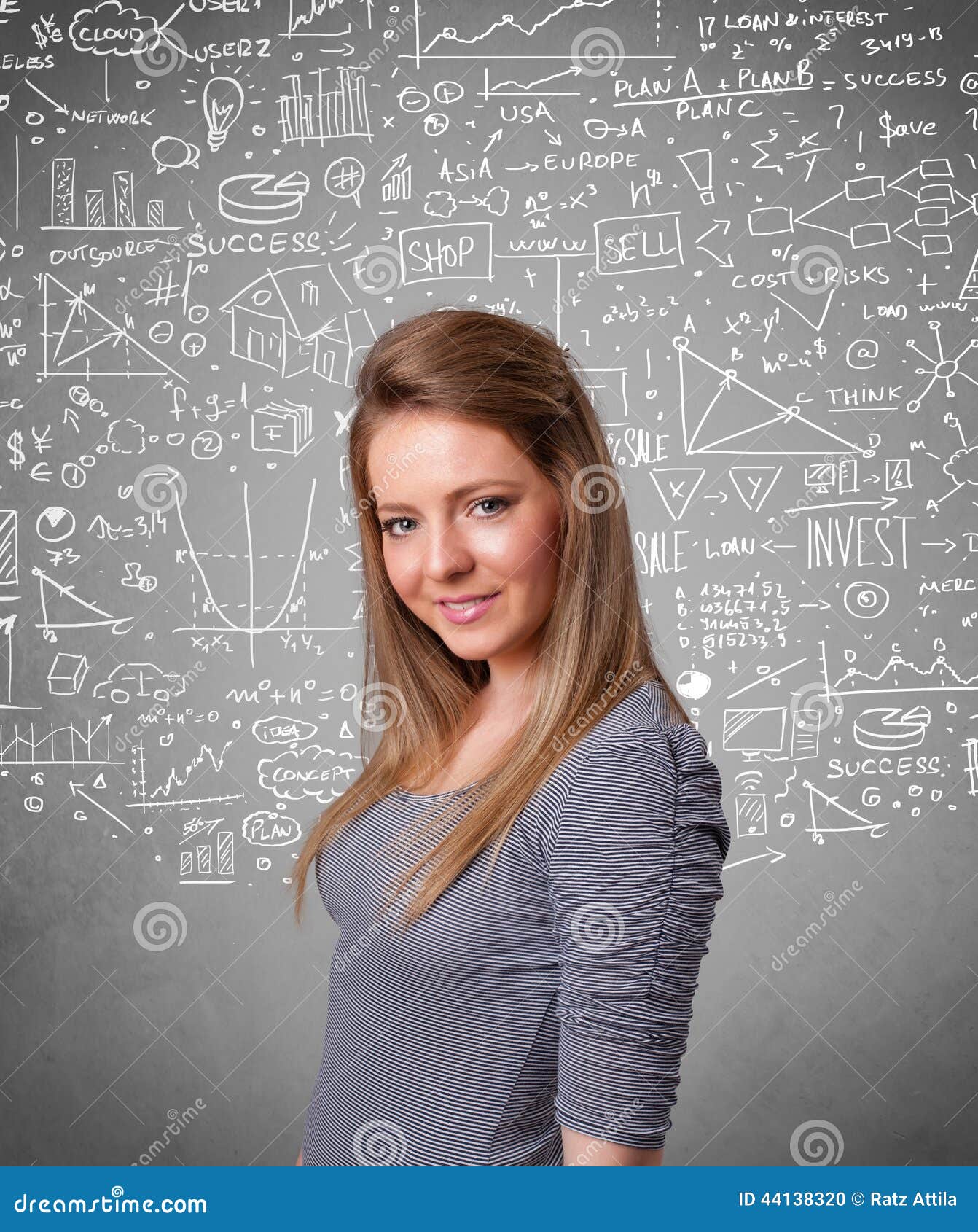 Young Pretty Lady with Hand Drawn Calculations and Icons Stock Photo ...