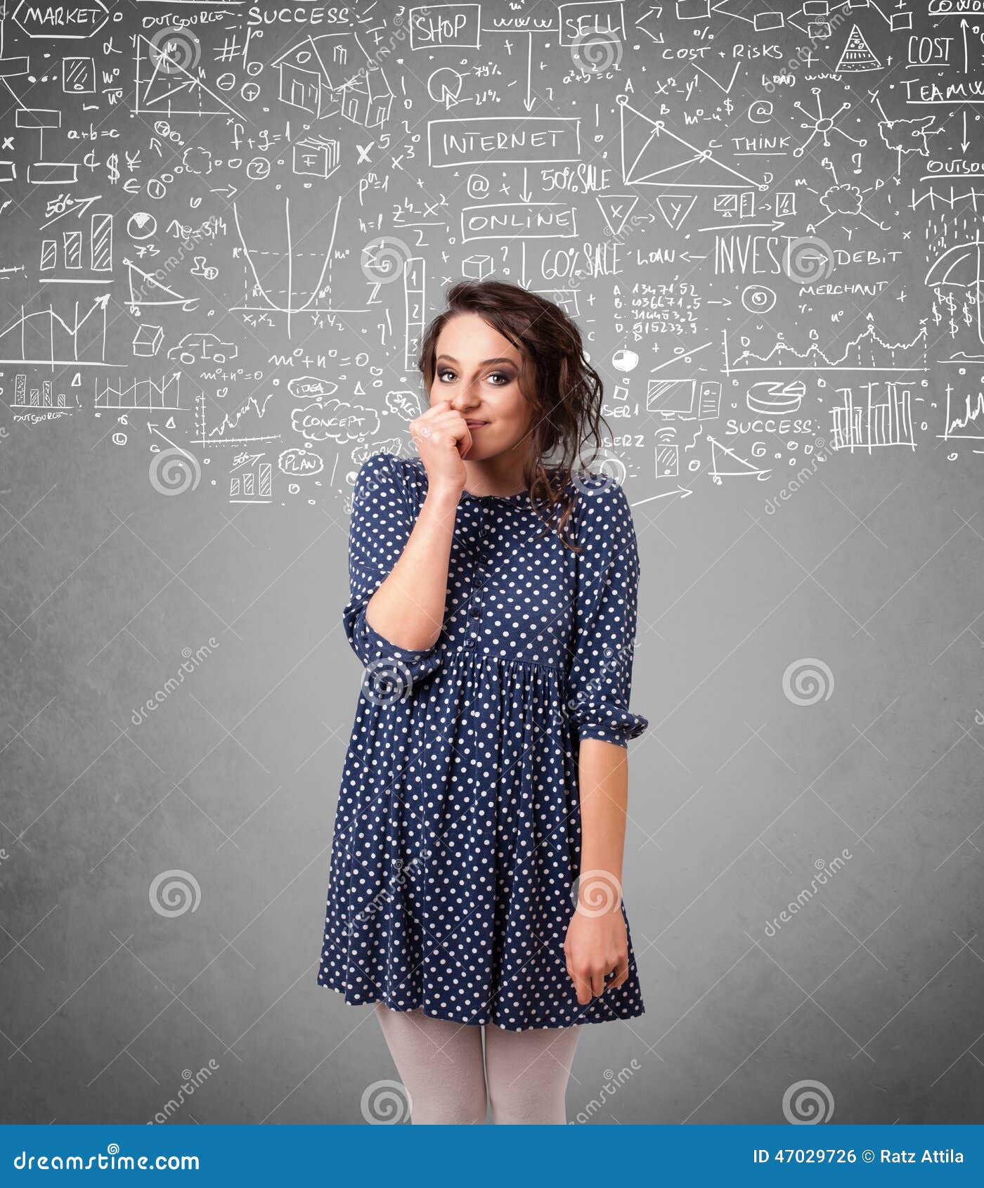 Young Pretty Lady with Hand Drawn Calculations and Icons Stock Photo ...