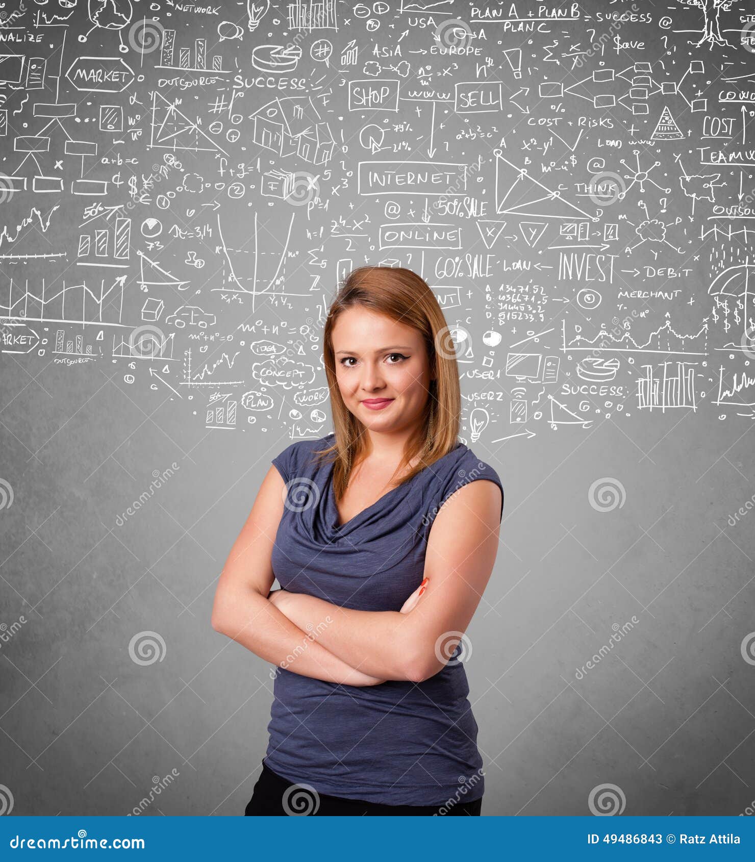 Young Pretty Lady with Hand Drawn Calculations and Icons Stock Image ...
