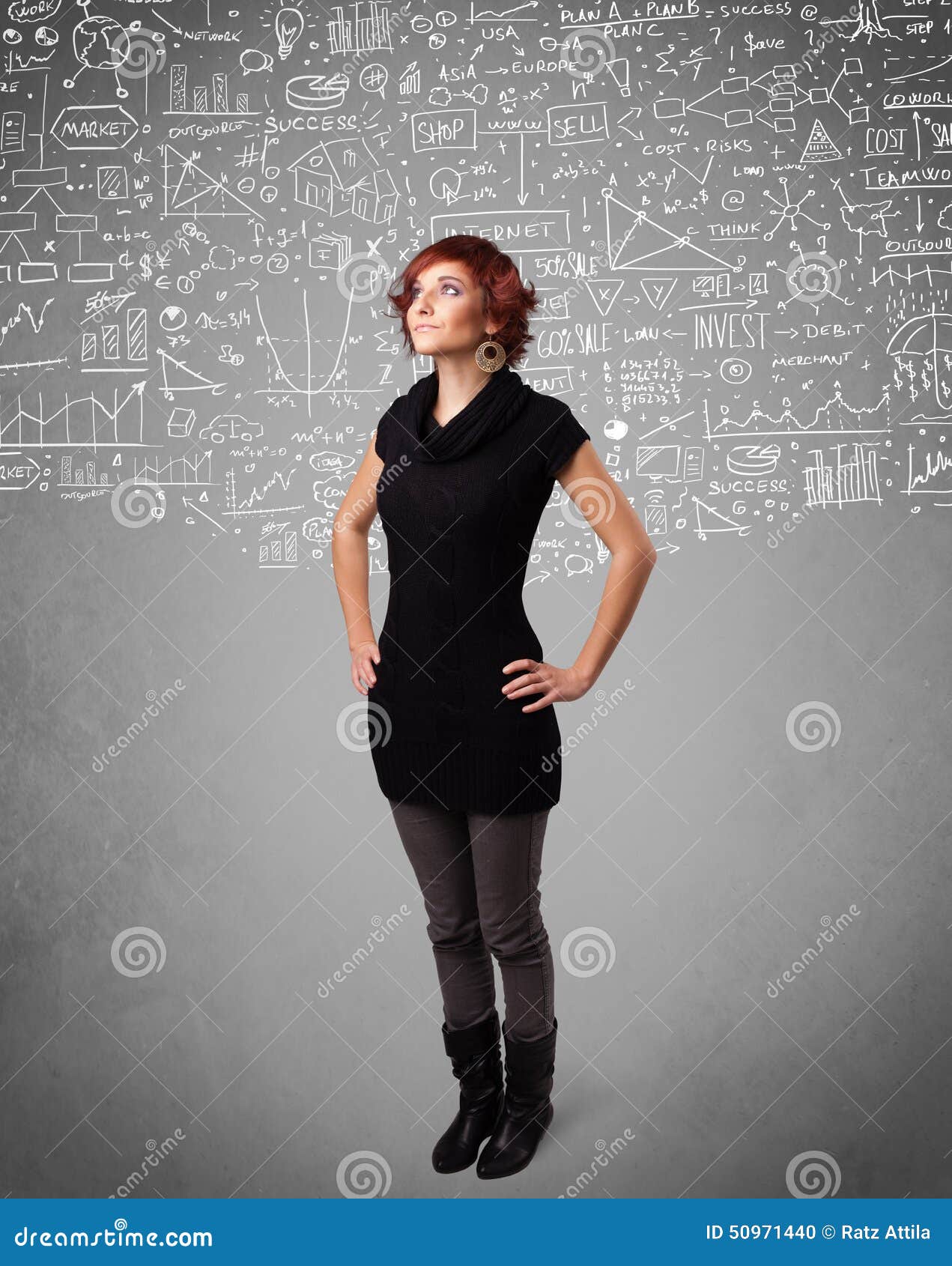 Young Pretty Lady with Hand Drawn Calculations and Icons Stock Photo ...