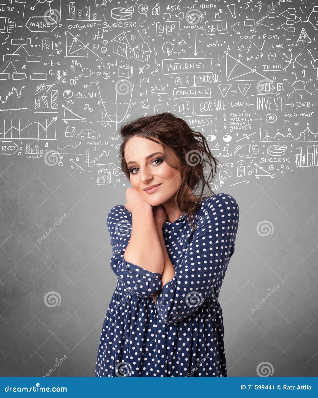 Young Pretty Lady with Hand Drawn Calculations and Icons Stock Image ...