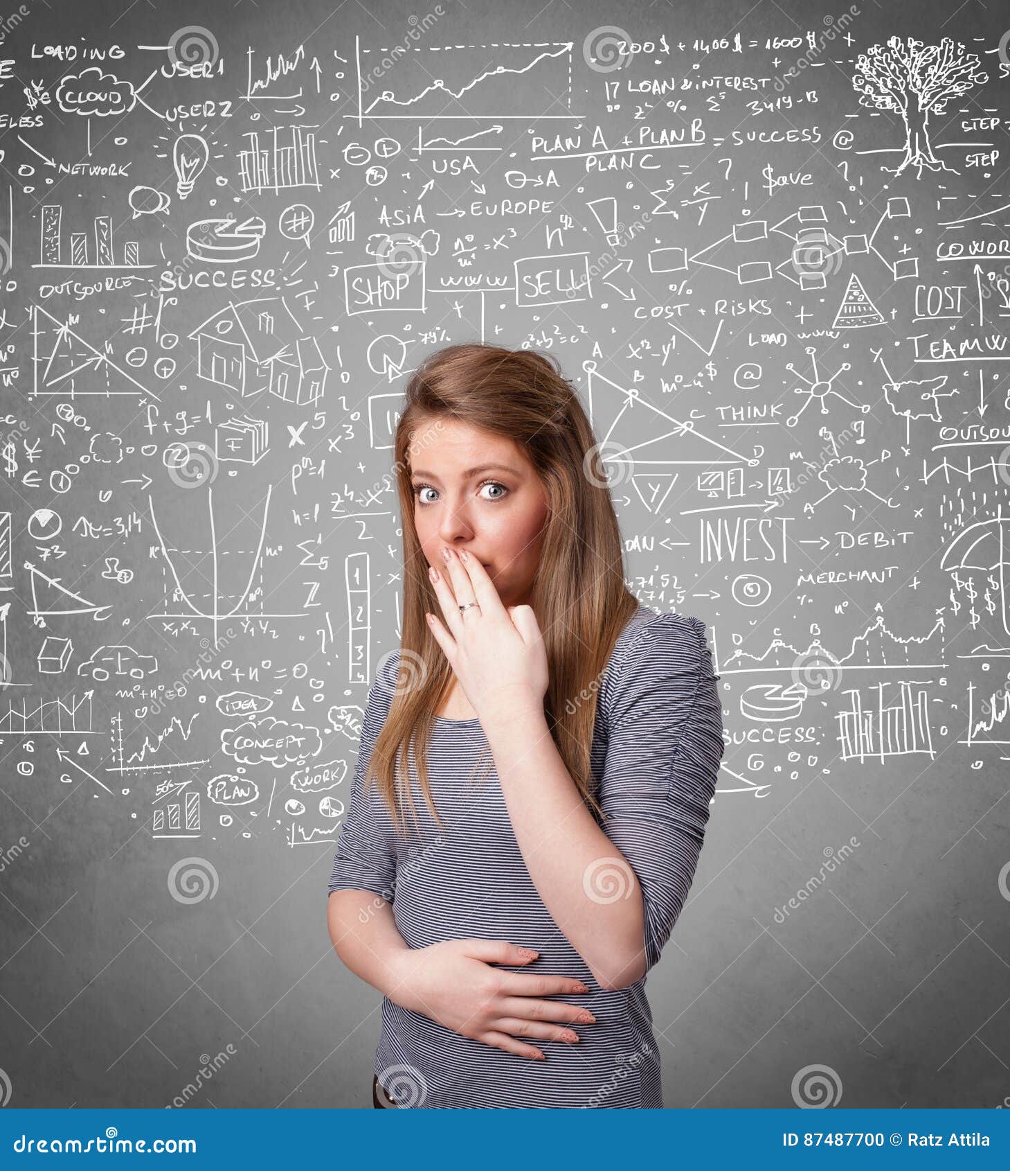 Young Pretty Lady with Hand Drawn Calculations and Icons Stock Photo ...