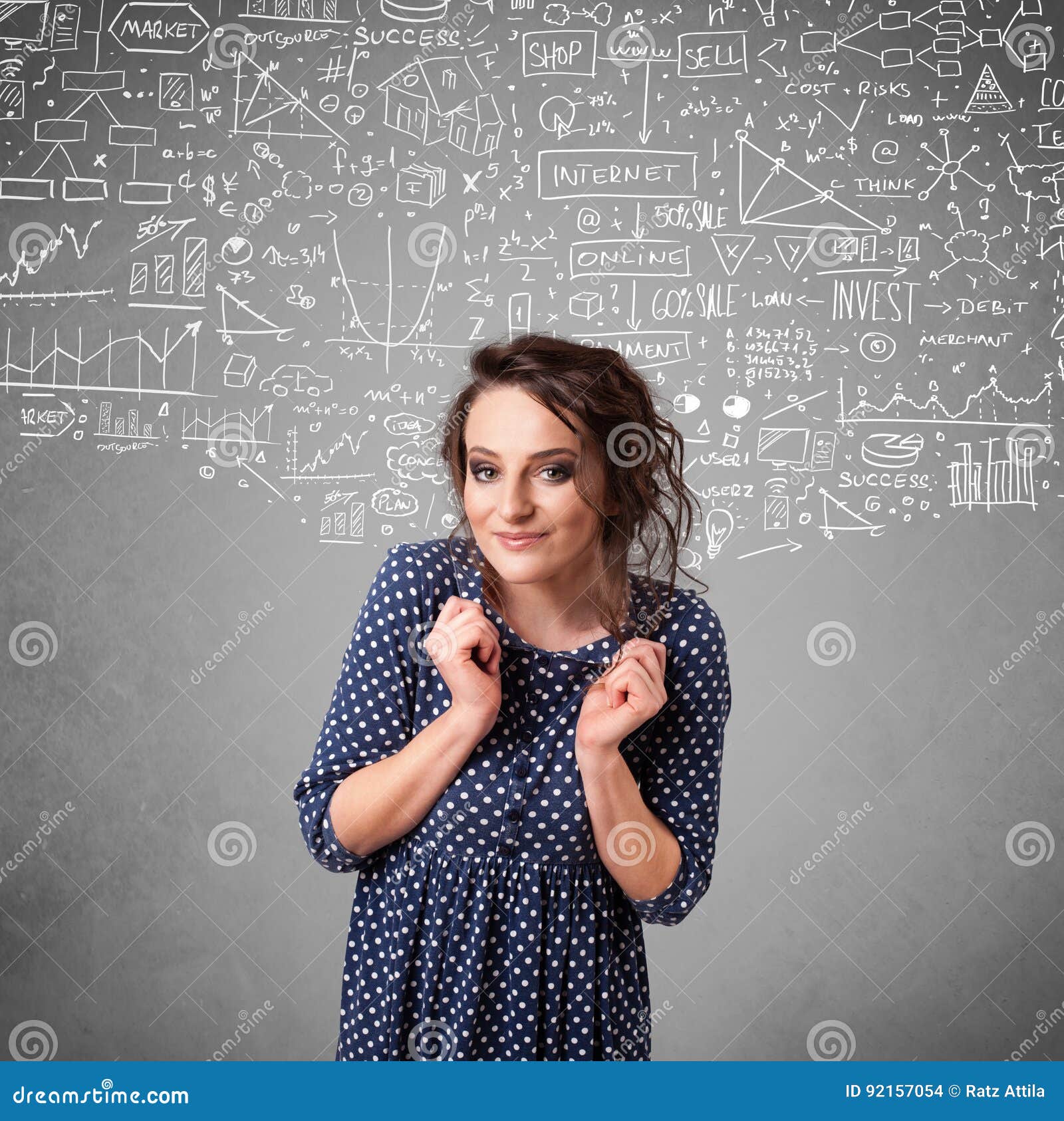 Young Pretty Lady with Hand Drawn Calculations and Icons Stock Photo ...
