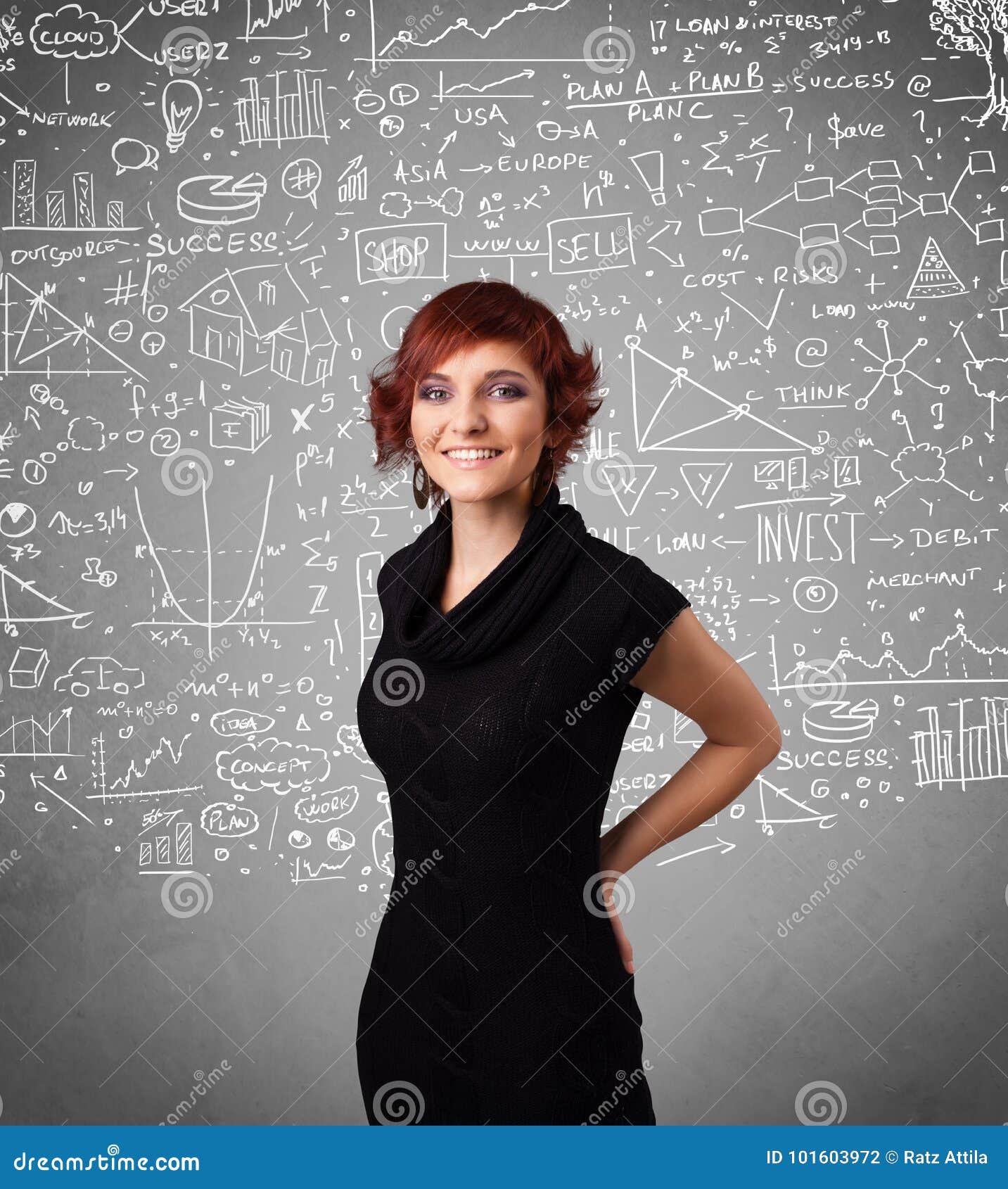 Young Pretty Lady with Hand Drawn Calculations and Icons Stock Photo ...