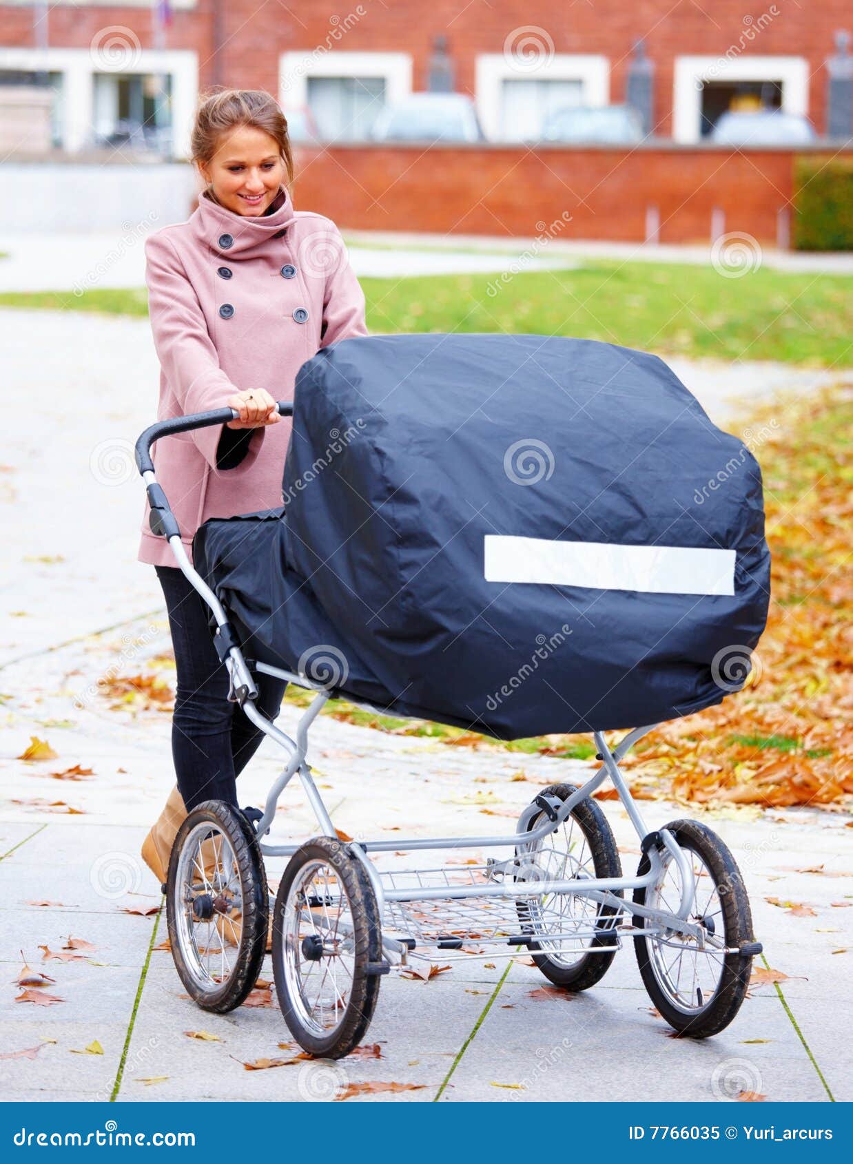 Young Pretty Lady Walking Baby Around in Pram Stock Image - Image of ...