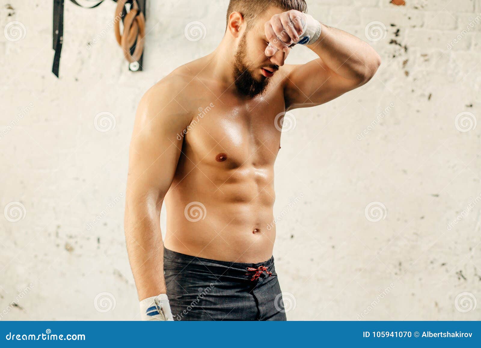 Pretty Man Tired after Weightlifting at Gym Stock Photo - Image of ...