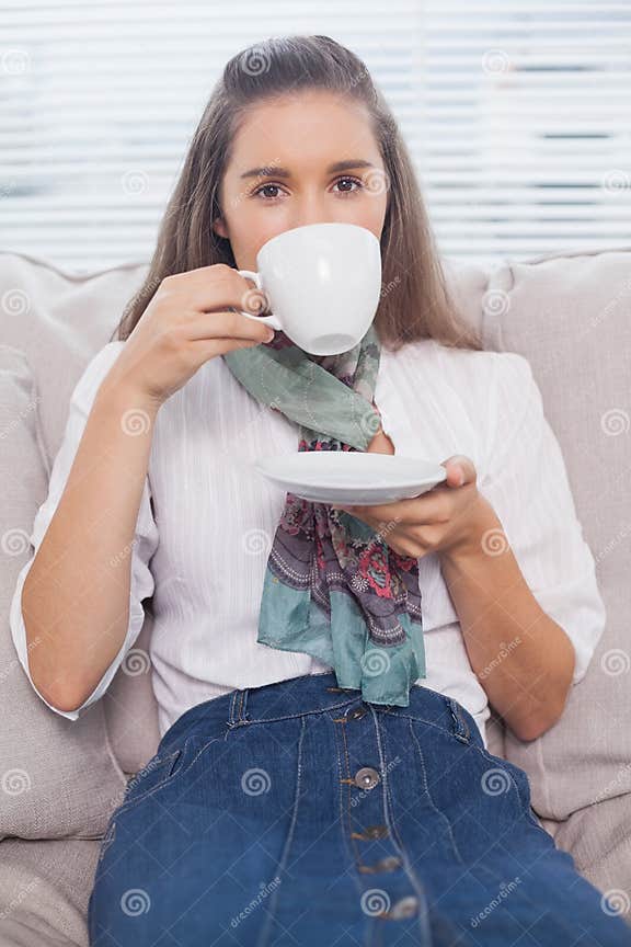 Young Pretty Model Drinking Coffee Stock Image - Image of fashion, home ...