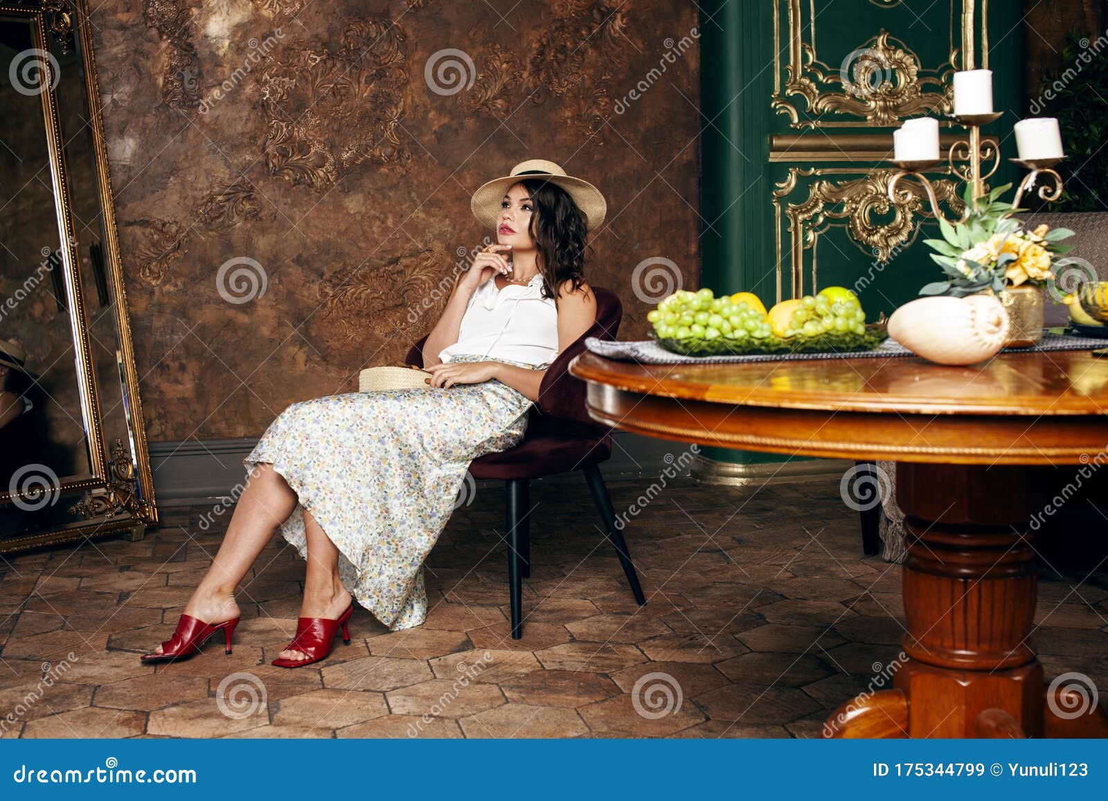 Young Pretty Rich Italian Woman In Golden Luxury Room Interior Elegant