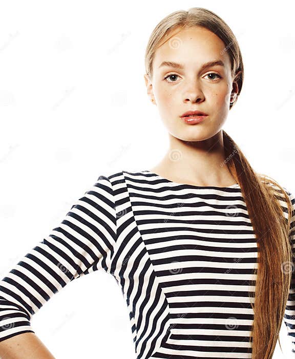 Young Pretty Woman In Elegant Strip Dress Isolated On White Stock Image