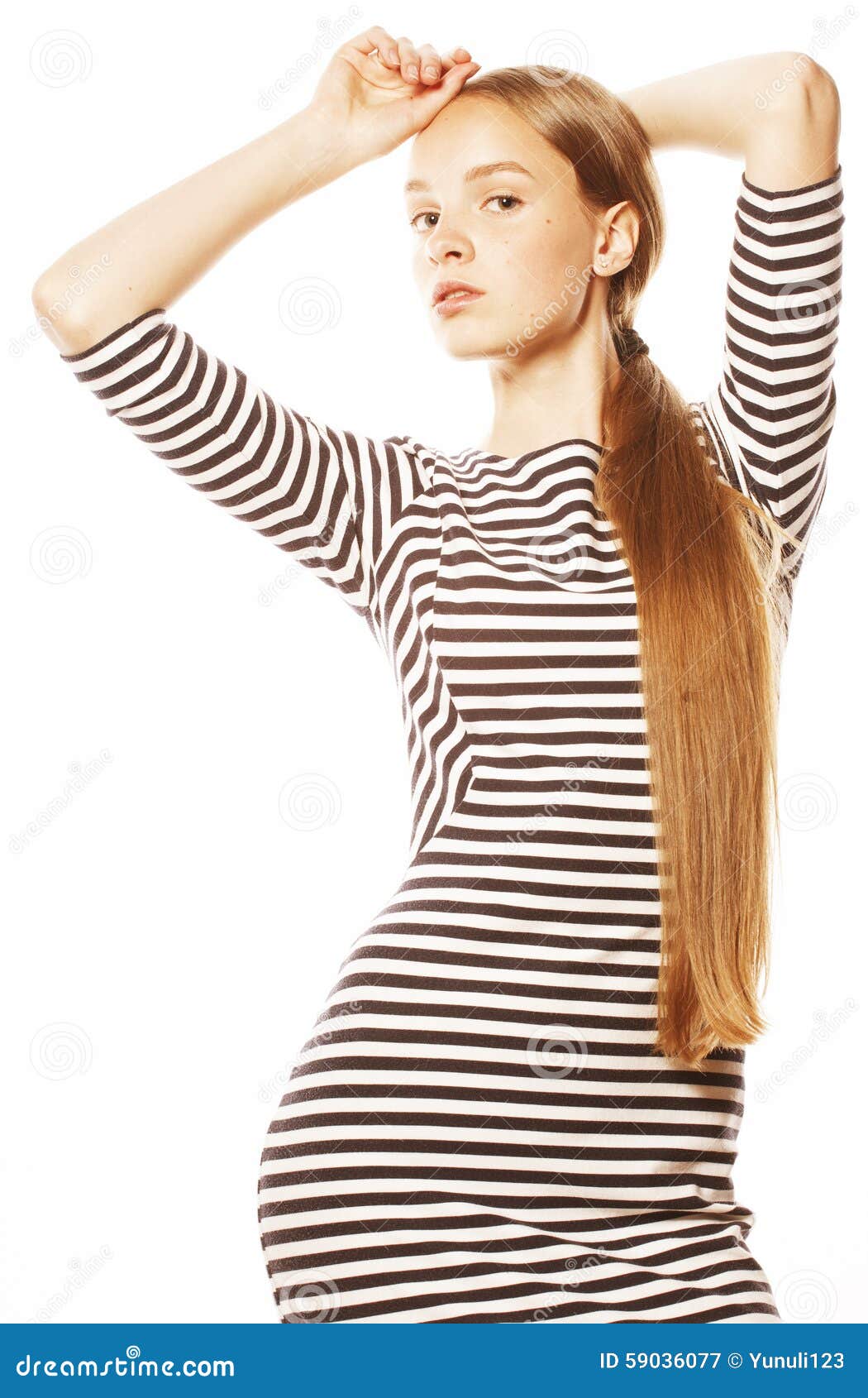 Young Pretty Woman In Elegant Strip Dress Isolated Stock Image Image