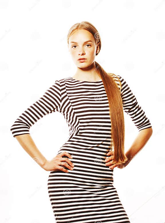 Young Pretty Woman In Elegant Strip Dress Isolated On White Stock Image