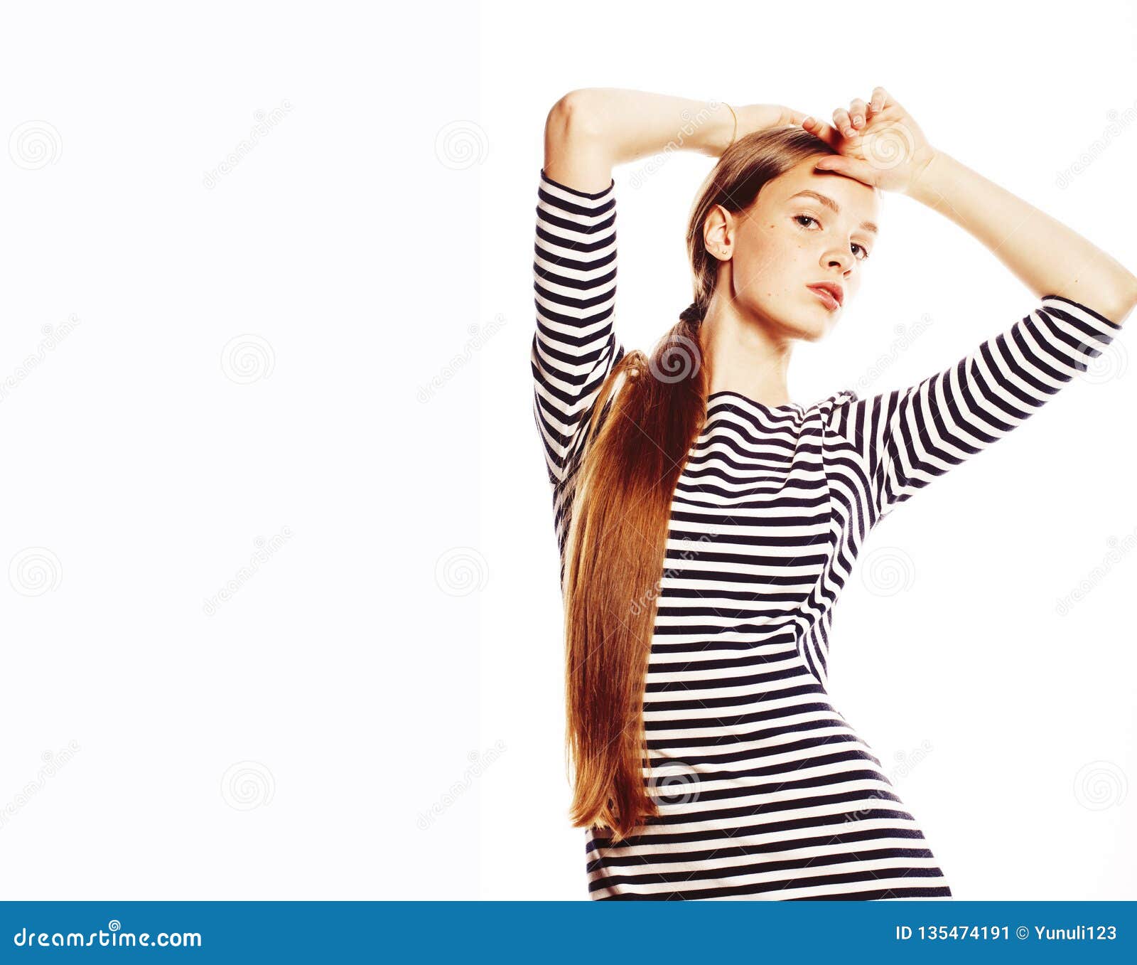 Young Pretty Woman In Elegant Strip Dress Isolated On White Stock Image