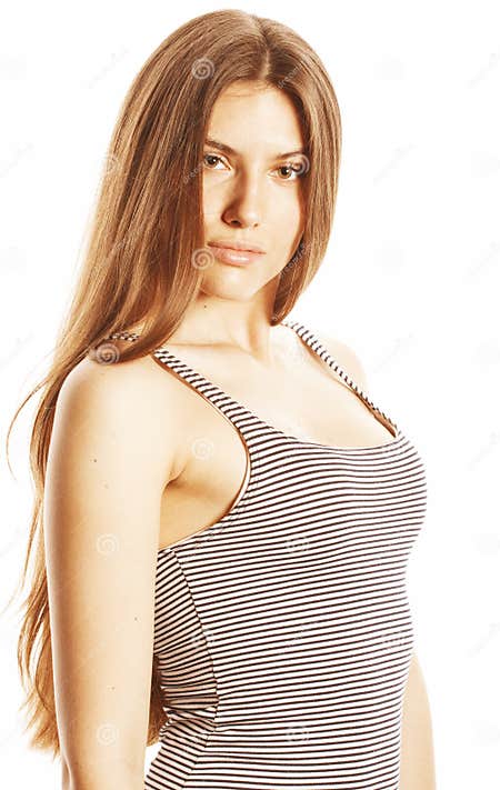 Young Pretty Woman In Elegant Strip Dress On White Stock Image Image