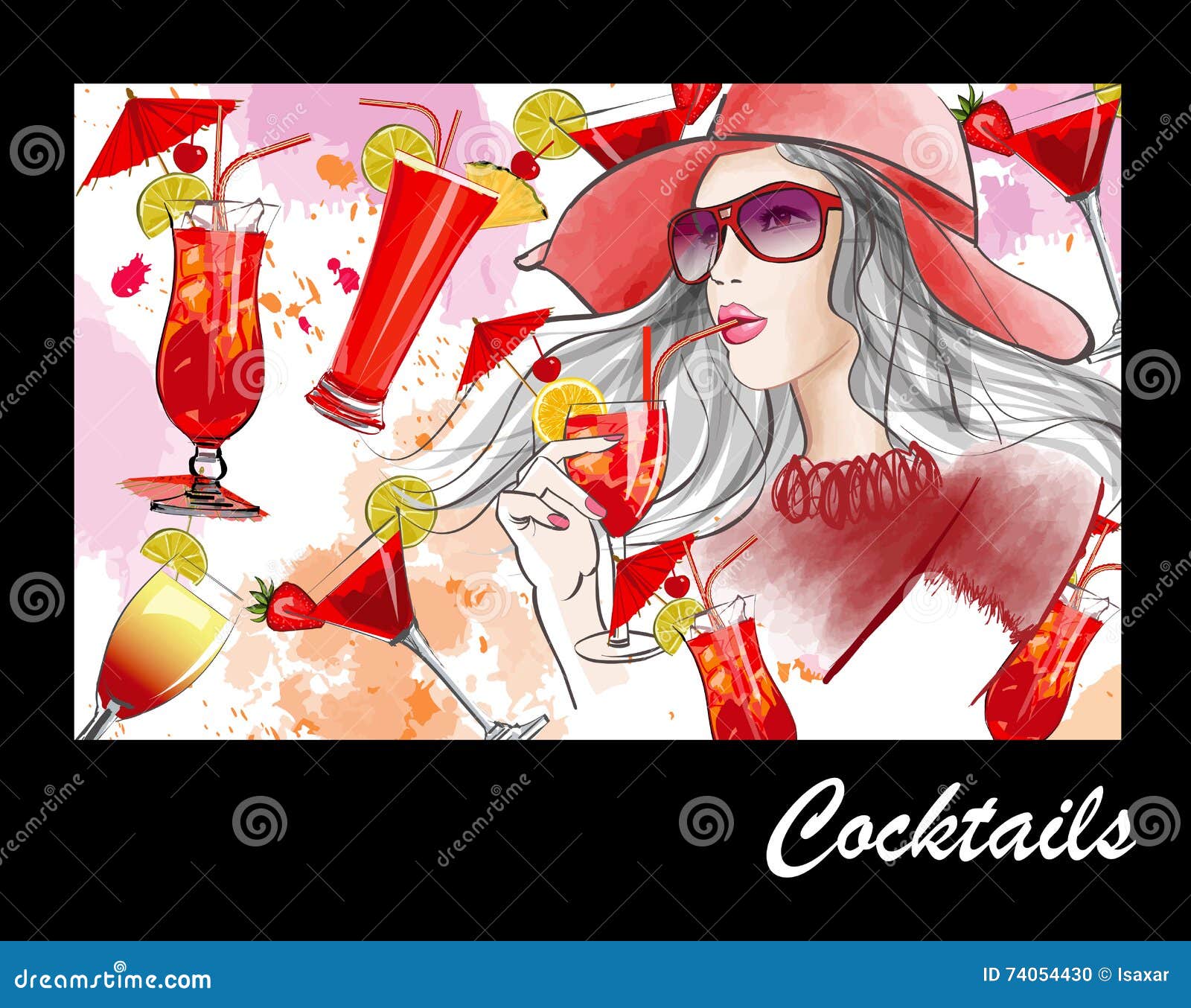 Young Pretty Woman with Hat Having a Cocktail Stock Vector ...