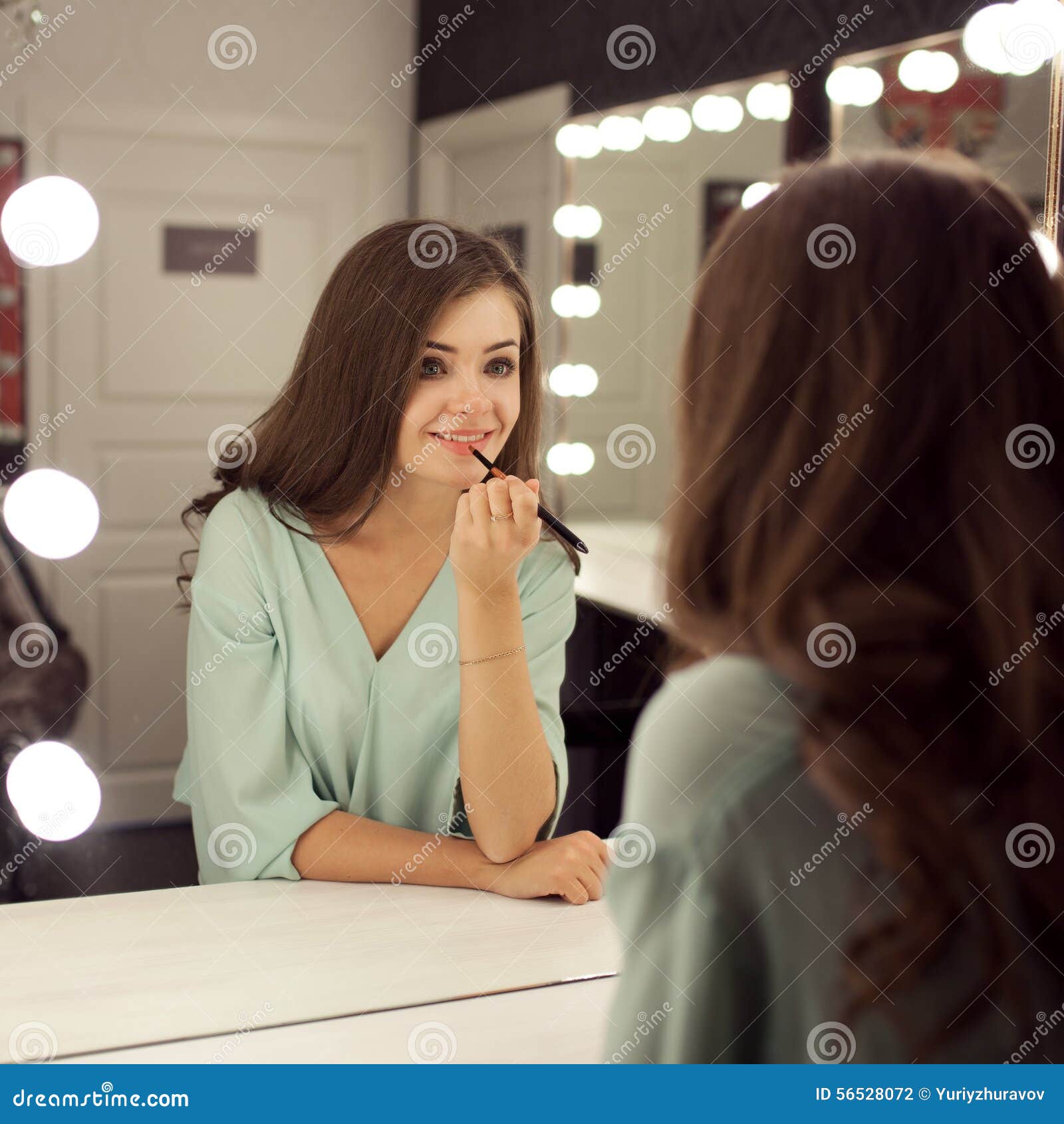 Young Pretty Woman with Make Up and Reflection in Dressing Room Stock ...