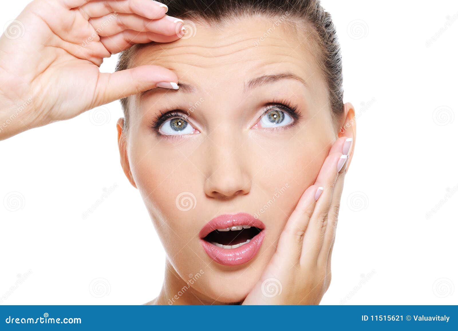 Young Pretty Woman Squeeze Skin on Forehead Stock Image - Image of ...