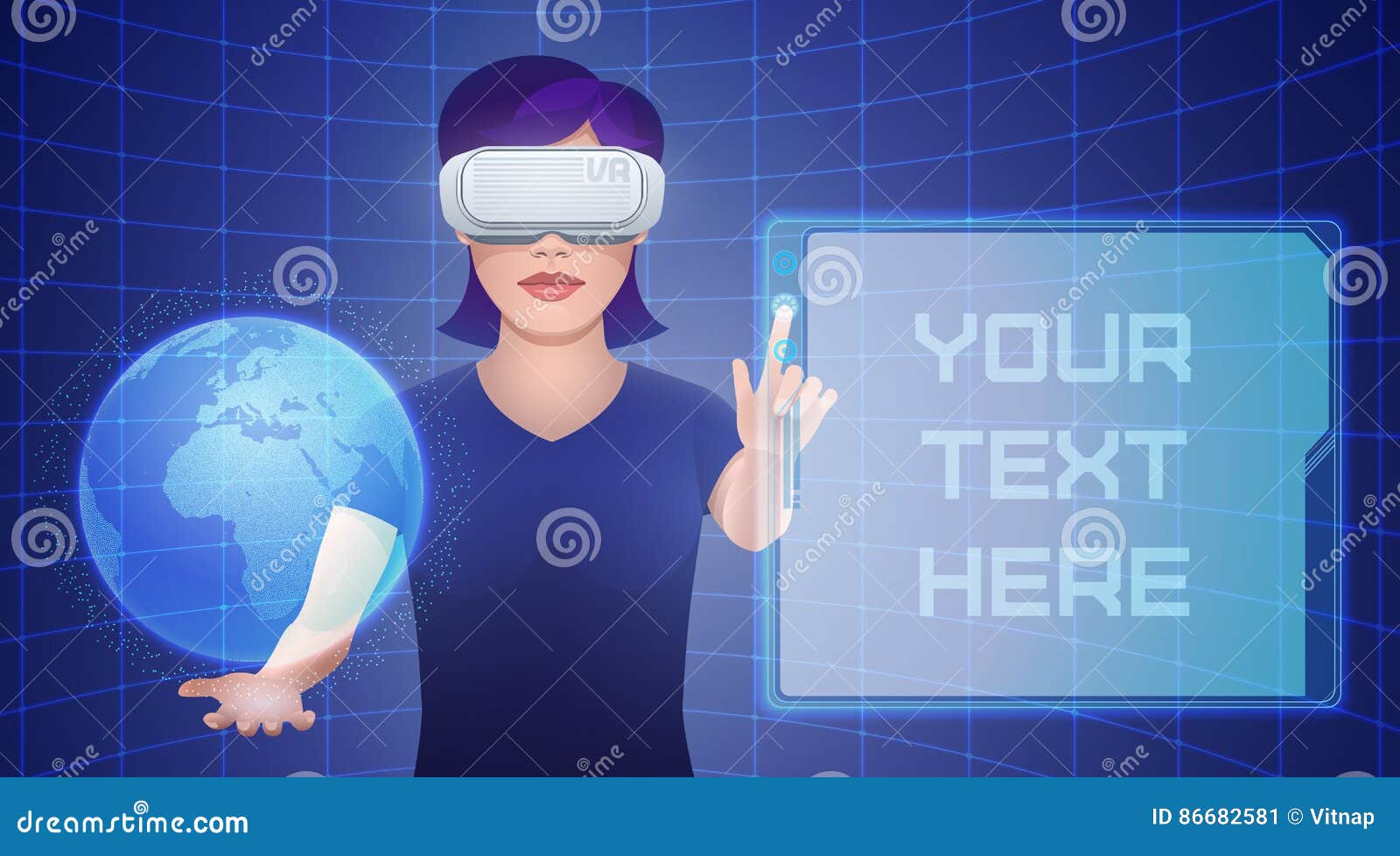 Young Pretty Woman in Virtual Reality Headset Controls Imaginary Stock ...
