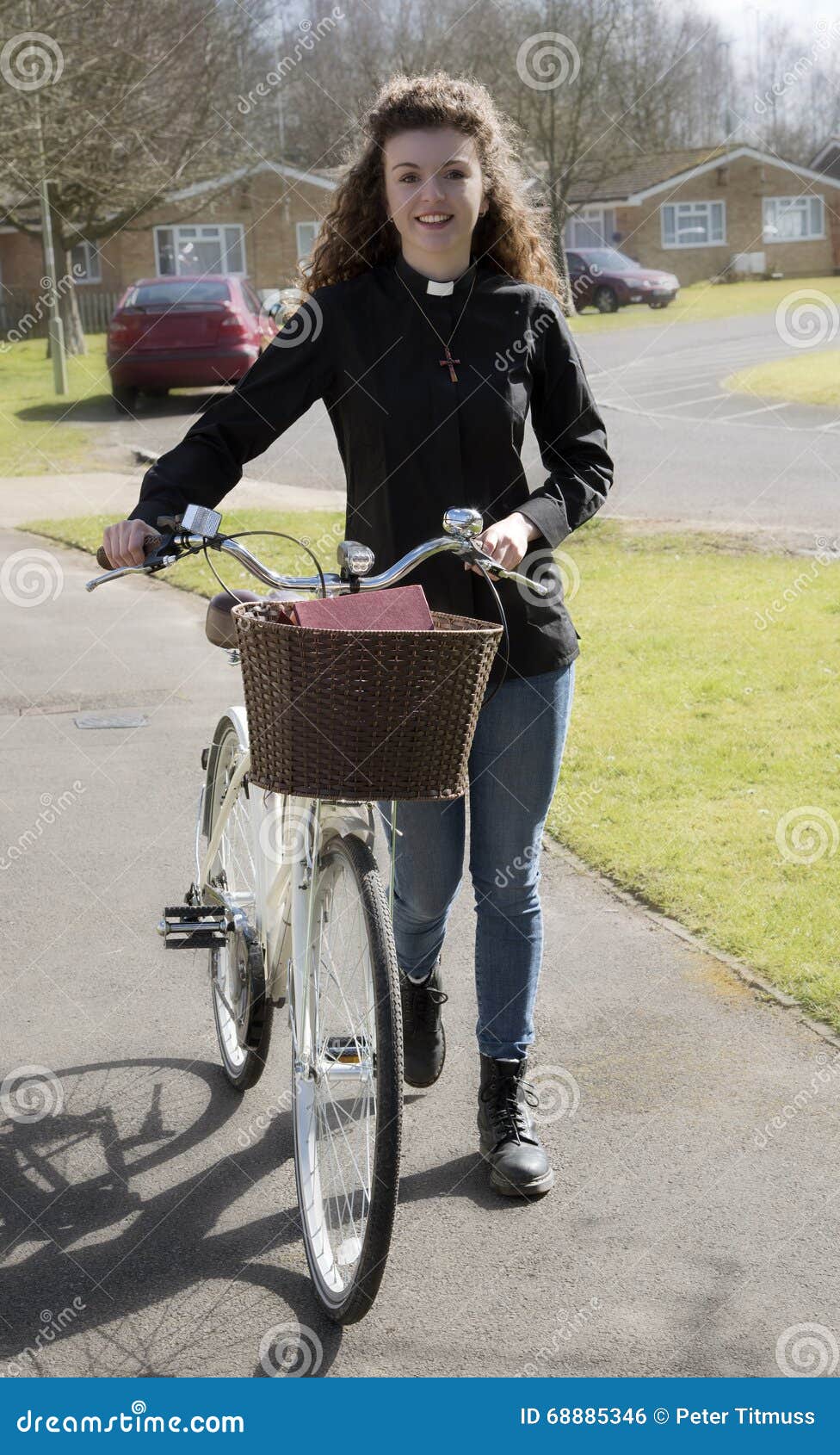 Young Priest Visiting Her Parish by Bicycle Stock Photo - Image of ...