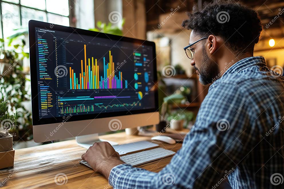 Young Professional Analyzing Colorful Data Visualizations on a Computer ...
