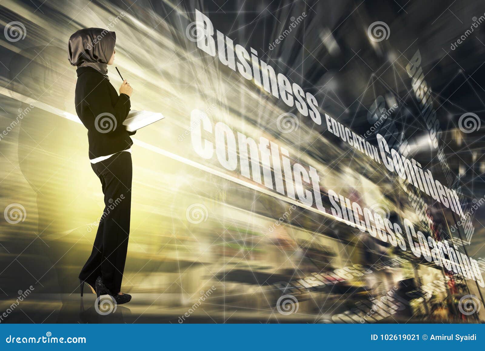 Young Professional Entrepreneur Holding Book and Look at Abstract Cloud ...